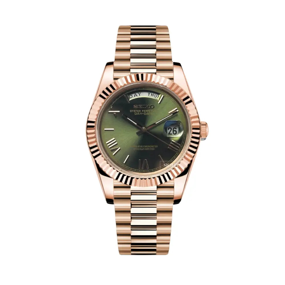 Sicilia Watch Mods - Seiko Mod "Roman Rose Gold Olive Green" Day-Date